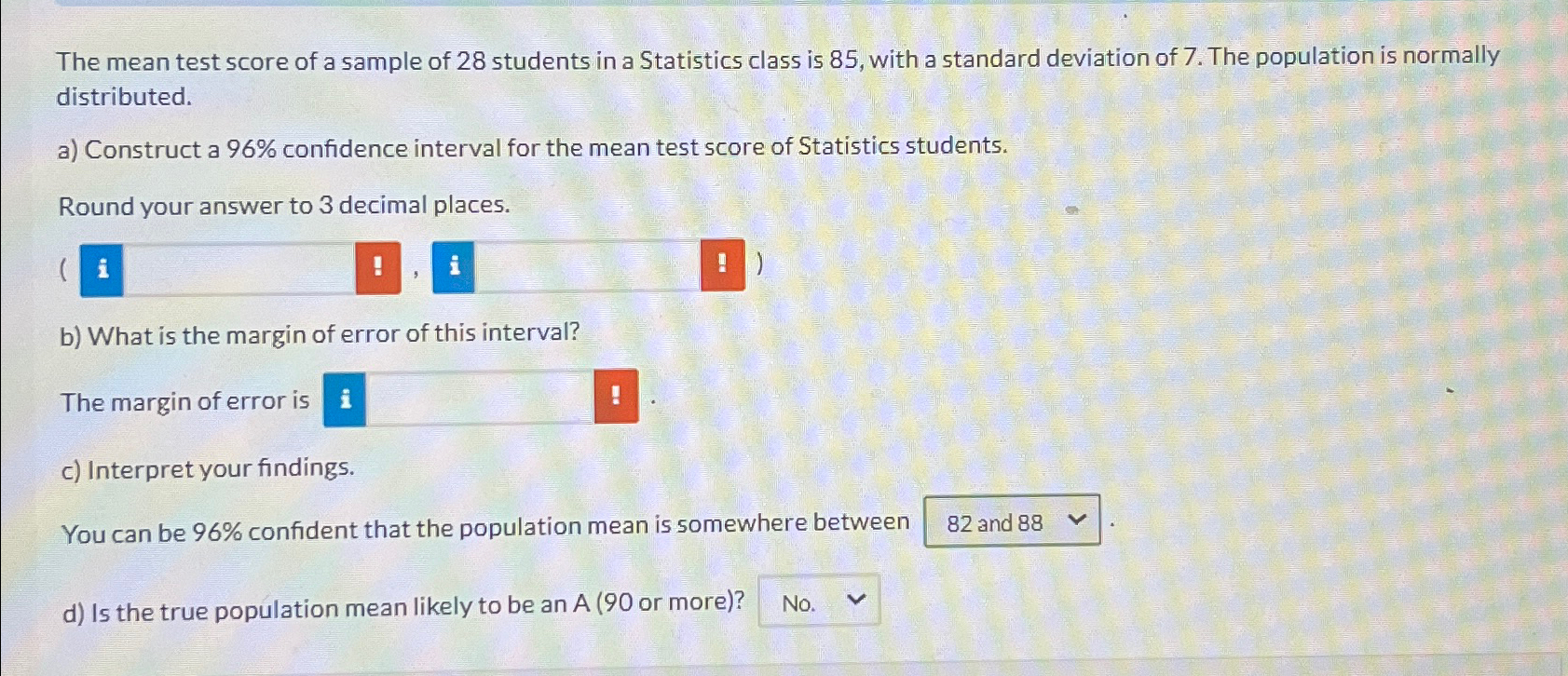 Solved The mean test score of a sample of 28 ﻿students in a | Chegg.com