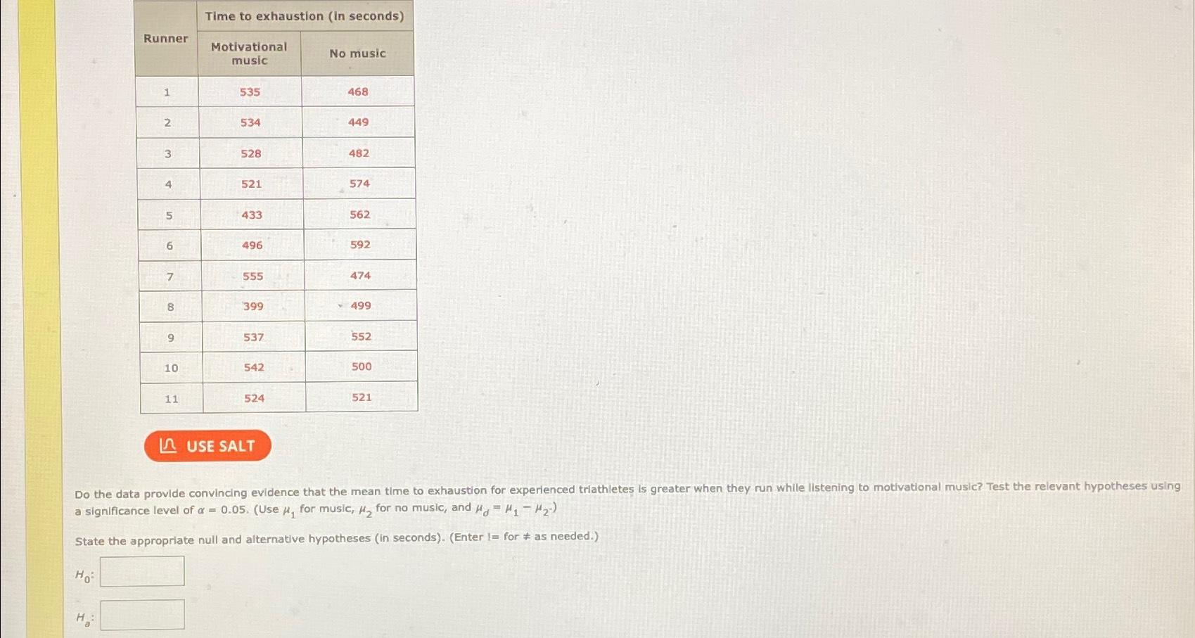 Solved \table[[Runner,Time to exhaustion (in | Chegg.com