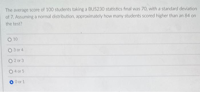 Solved The average score of 100 students taking a BUS230 | Chegg.com