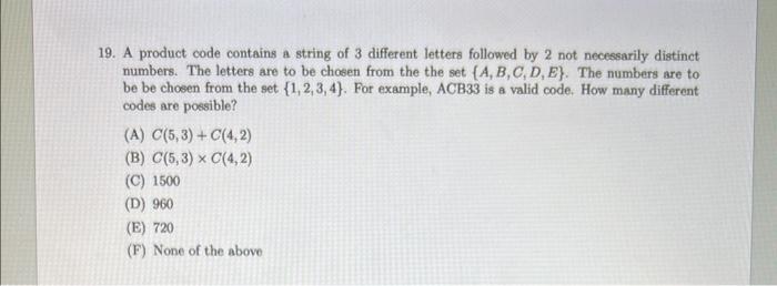 Solved 19. A product code contains a string of 3 different | Chegg.com