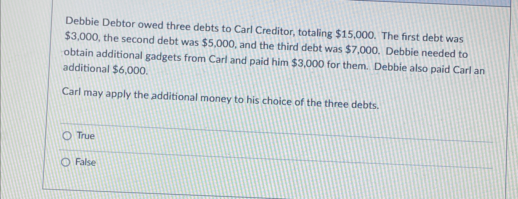 Solved Debbie Debtor owed three debts to Carl Creditor, | Chegg.com