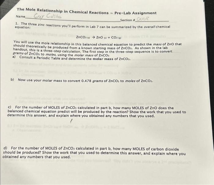 Solved The Mole Relationship in Chemical Reactions ~ Pre-Lab | Chegg.com