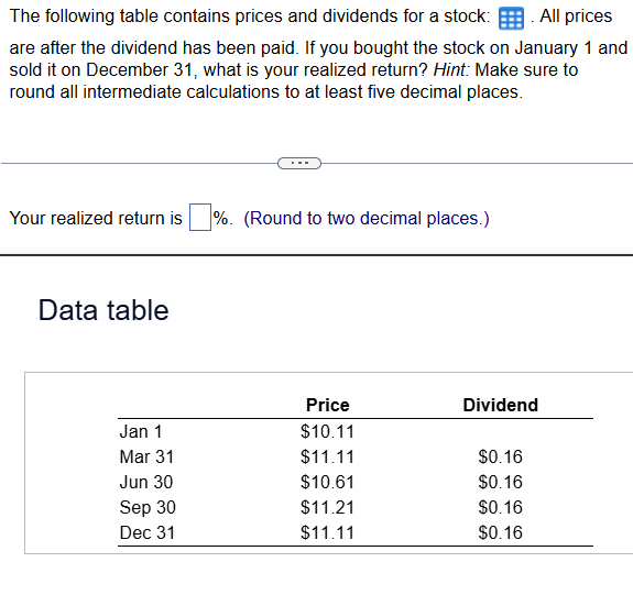 Solved The following table contains prices and dividends for | Chegg.com