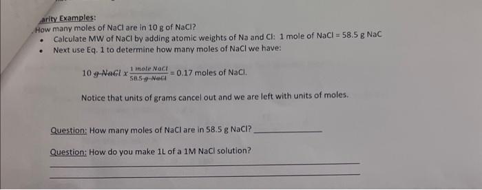 Solved arity Examples: How many moles of \\( \\mathrm{NaCl} | Chegg.com