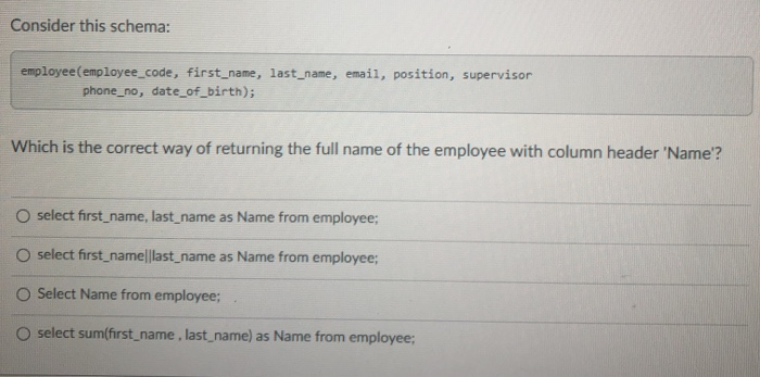 Solved Consider this schema: employee(employee_code, | Chegg.com