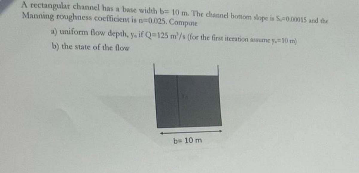 Solved A rectangular channel has a base width b=10 m. The | Chegg.com