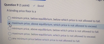 Solved Question 9 (1 ﻿point) ﻿savedA binding price floor | Chegg.com