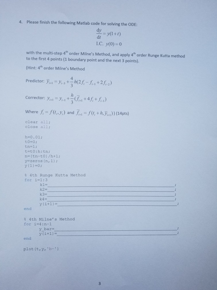 Solved 4. Please finish the following Matlab code for | Chegg.com