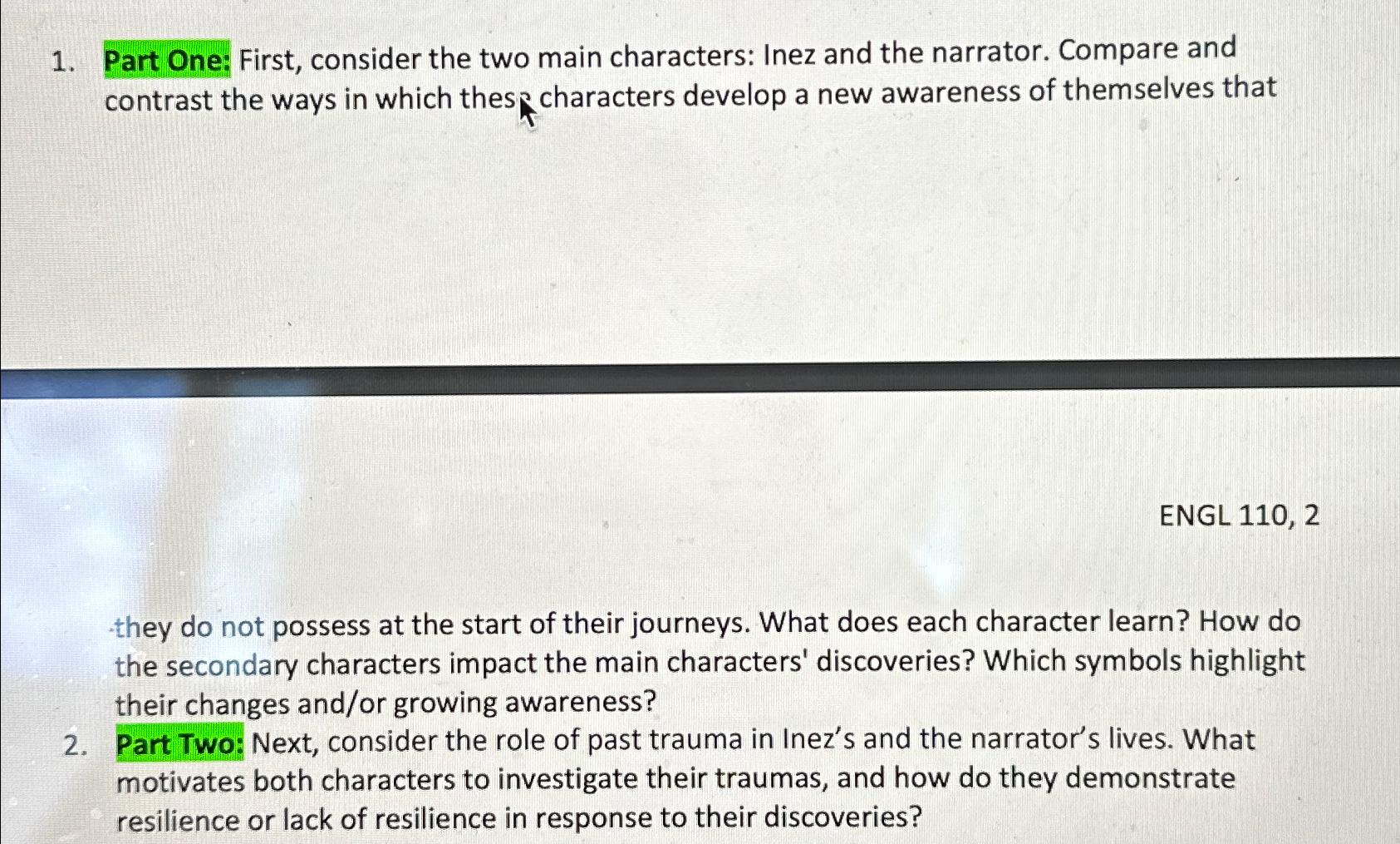 Solved Part One: First, consider the two main characters: | Chegg.com