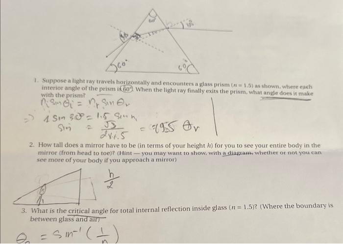 Solved 1. Suppose a light ray travels horizontally and | Chegg.com
