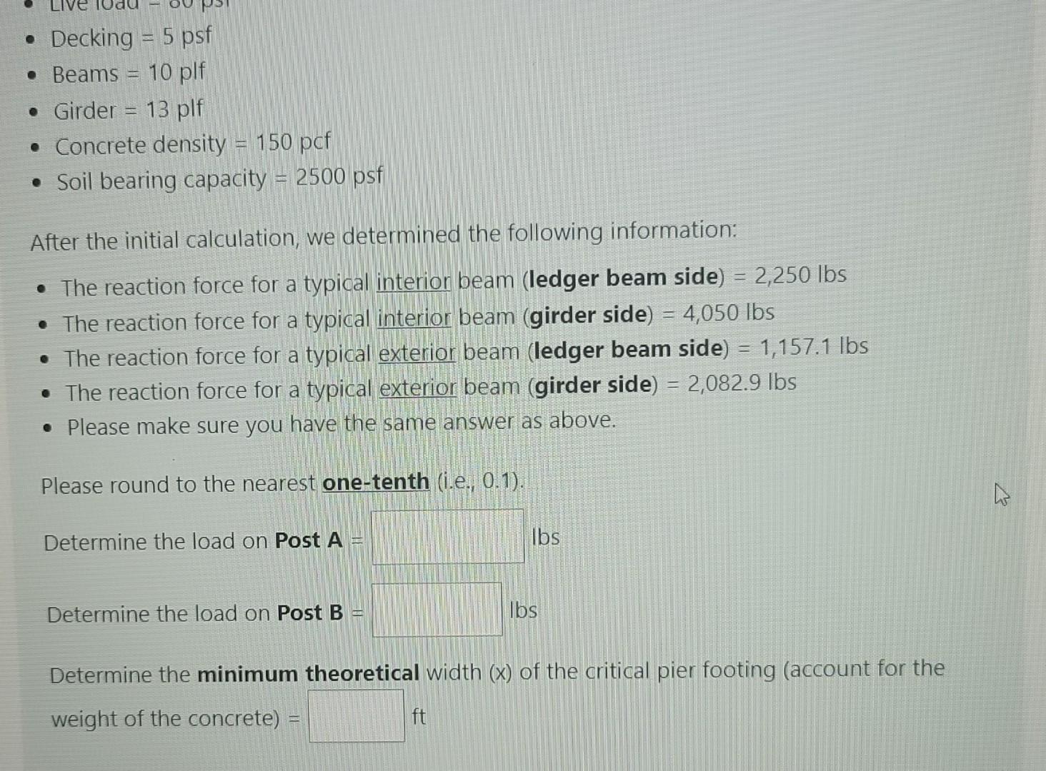 Solved - Decking =5psf - Beams = 10 plf - Girder =13 plf - | Chegg.com