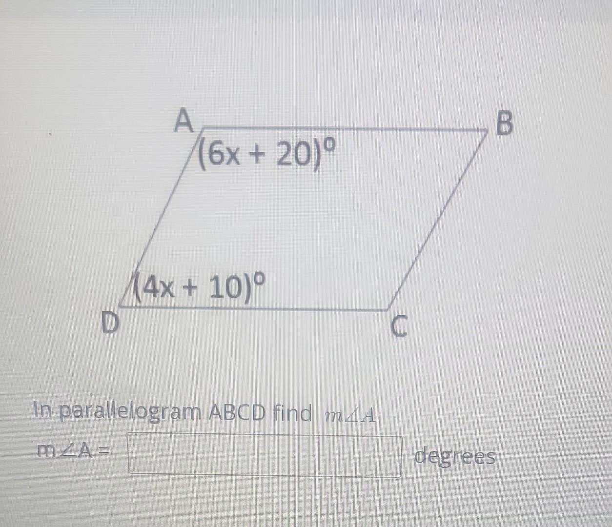 Solved In parallelogram ABCD find m∠A | Chegg.com