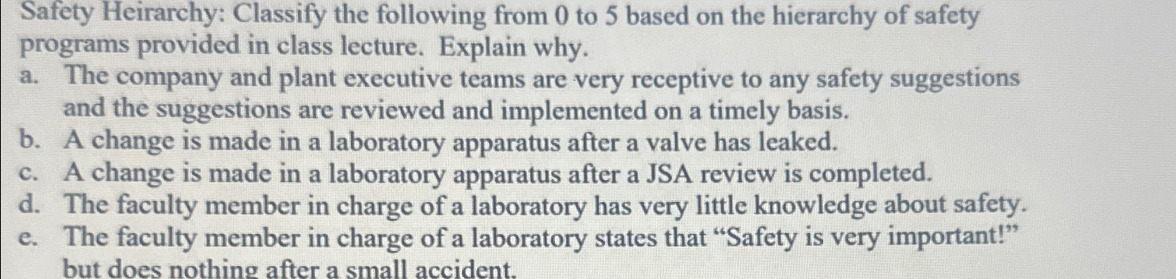 Solved Safety Heirarchy: Classify the following from 0 ﻿to 5 | Chegg.com