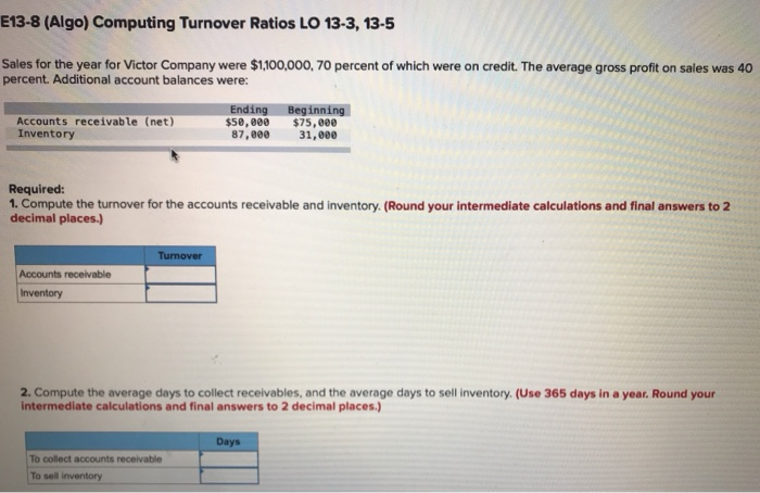 Solved E13-8 (Algo) Computing Turnover Ratios LO 13-3, 13-5 | Chegg.com