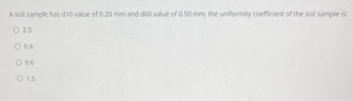 Solved A soil sample has d10 value of 0.20 mm and d60 value | Chegg.com