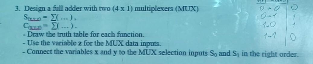 Solved 3. Design a full adder with two (4×1) multiplexers | Chegg.com