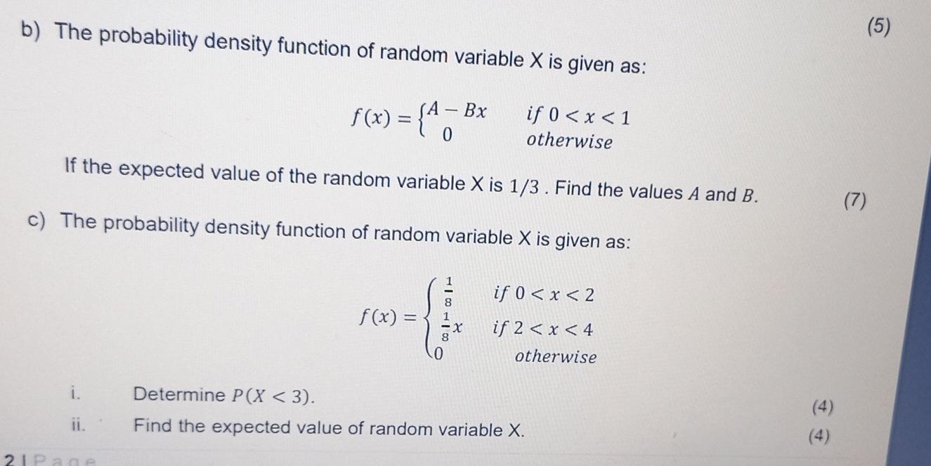 Solved b) The probability density function of random | Chegg.com
