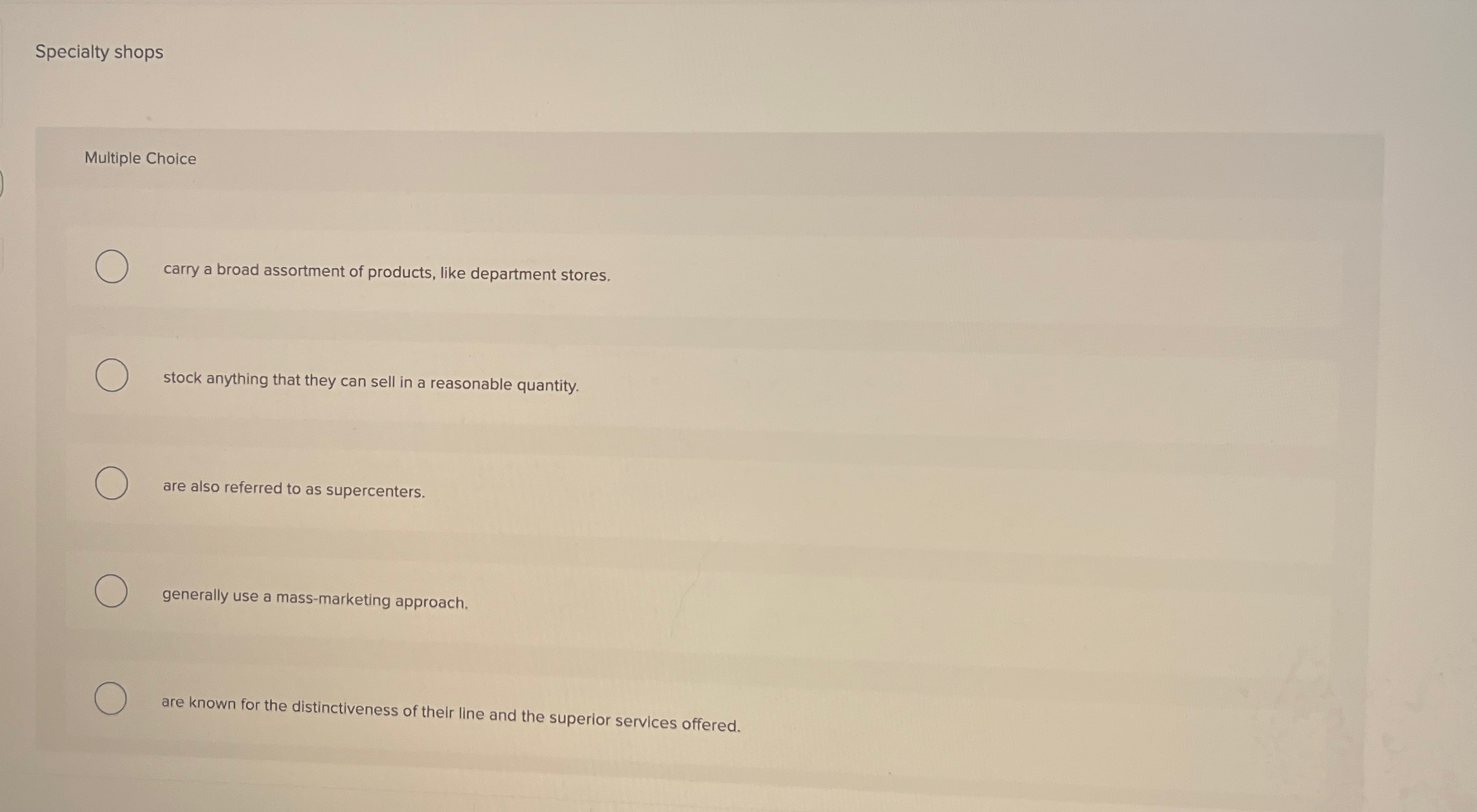 Solved Specialty shopsMultiple Choicecarry a broad | Chegg.com