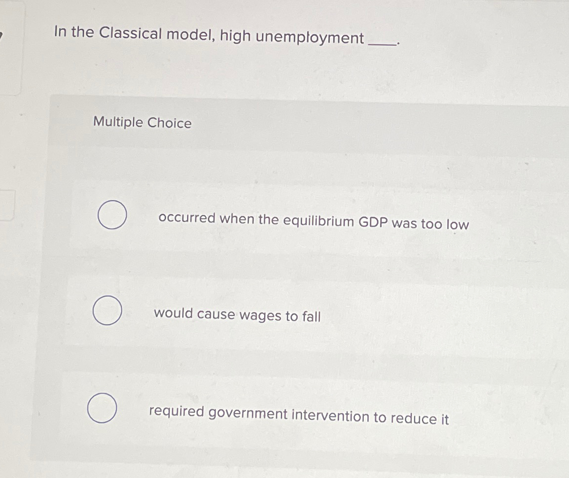 Solved In the Classical model, high unemploymentMultiple | Chegg.com