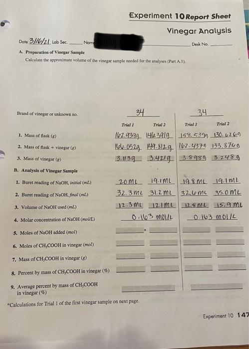 Solved Experiment 10 Report Sheet Vinegar Analysis Date | Chegg.com