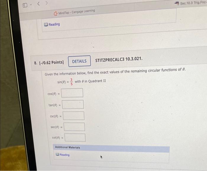 Solved Given the information below, find the exact values of | Chegg.com