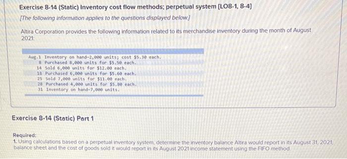 Solved Exercise 8-14 (Static) Inventory cost flow methods; | Chegg.com