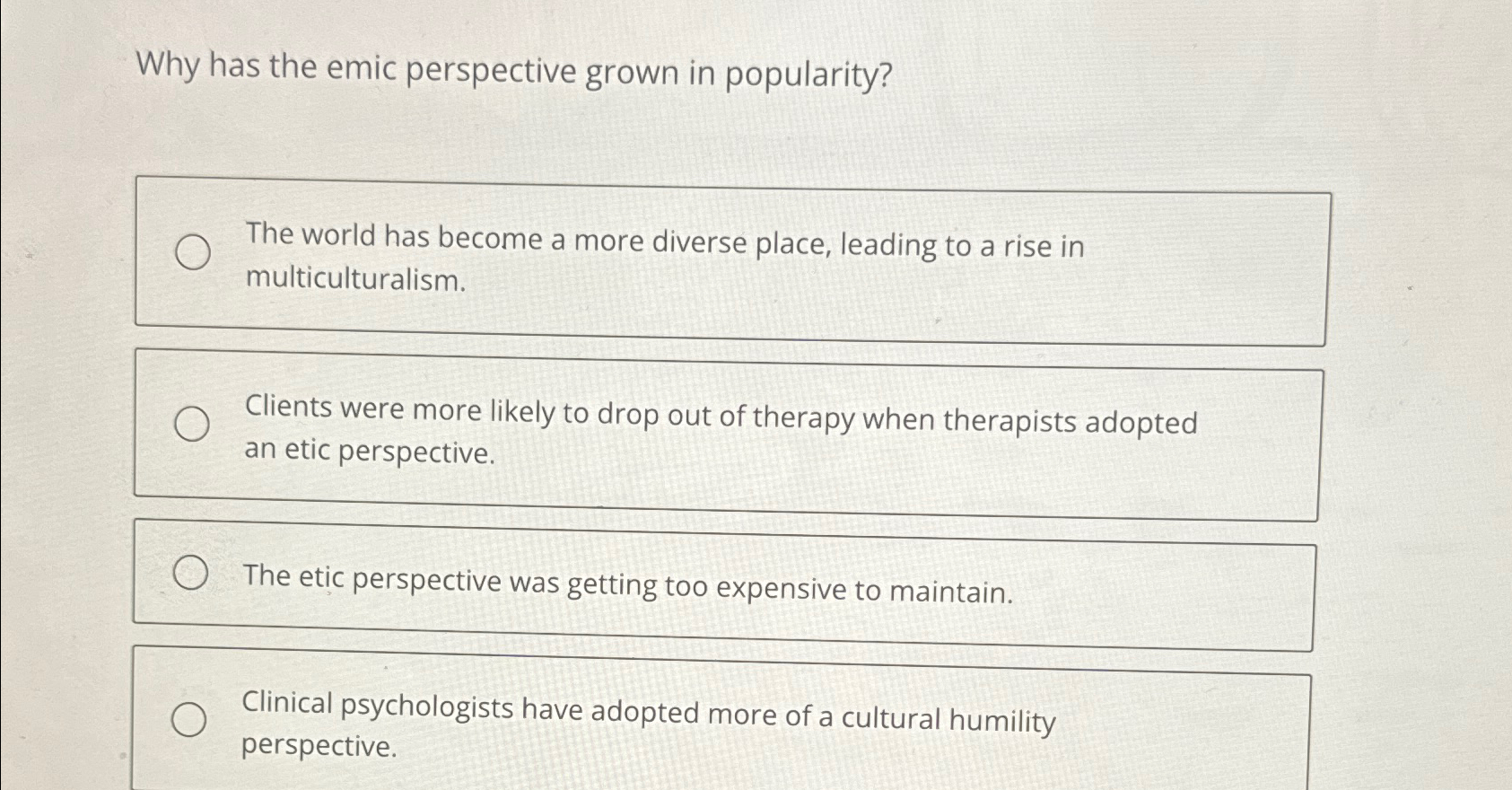 Solved Why has the emic perspective grown in popularity?The | Chegg.com