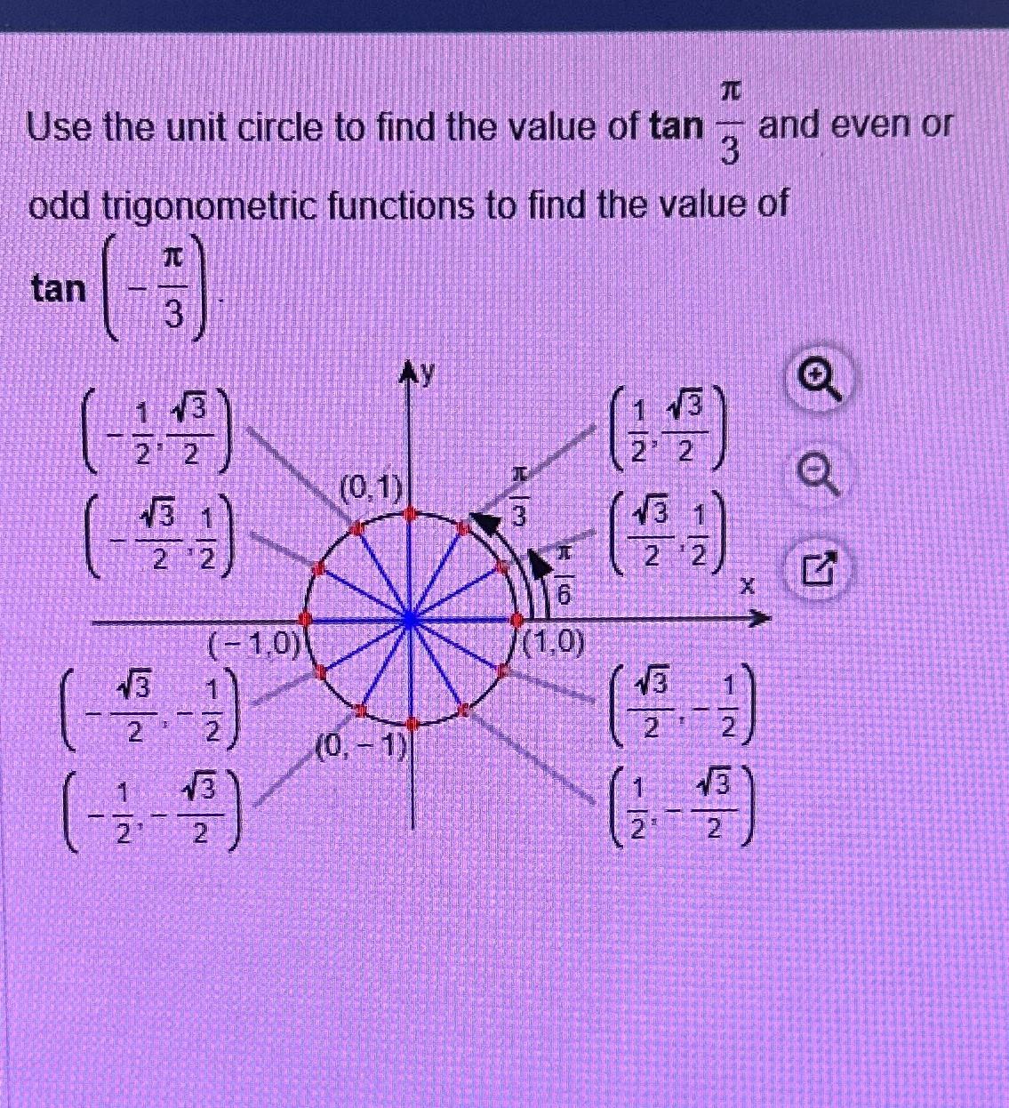 Solved Use the unit circle to find the value of tanπ3 ﻿and | Chegg.com
