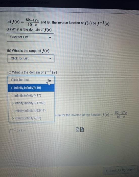 Solved Let f(x)=10−x62−17x and let the inverse function of | Chegg.com