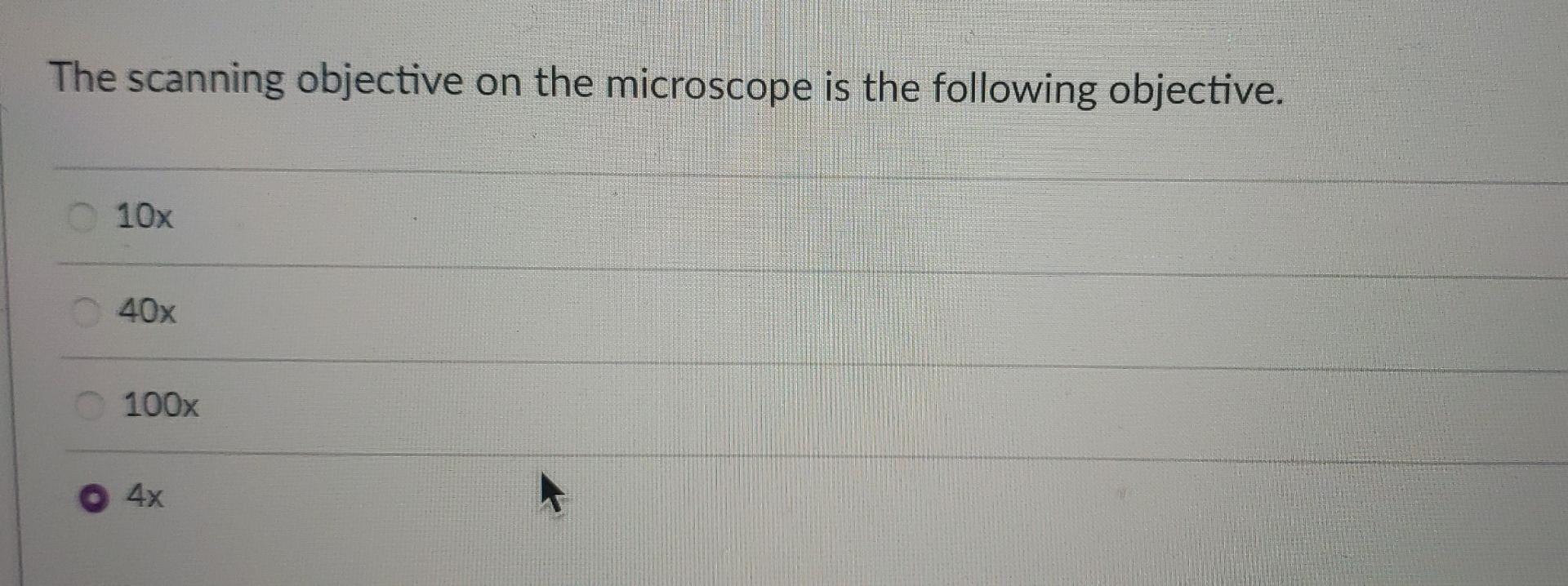 Solved The scanning objective on the microscope is the | Chegg.com