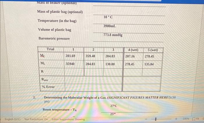 Solved Determining the Molecular Weight of a Gas. | Chegg.com