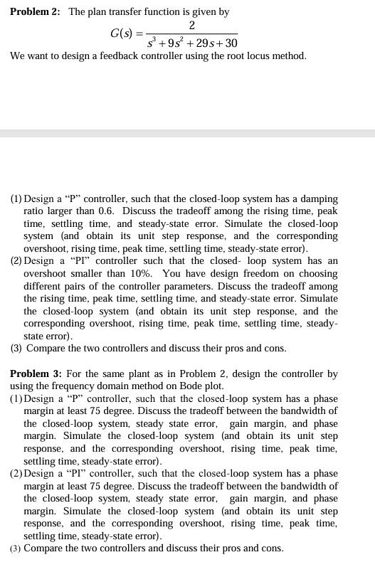 Solved Problem 2: The plan transfer function is given | Chegg.com