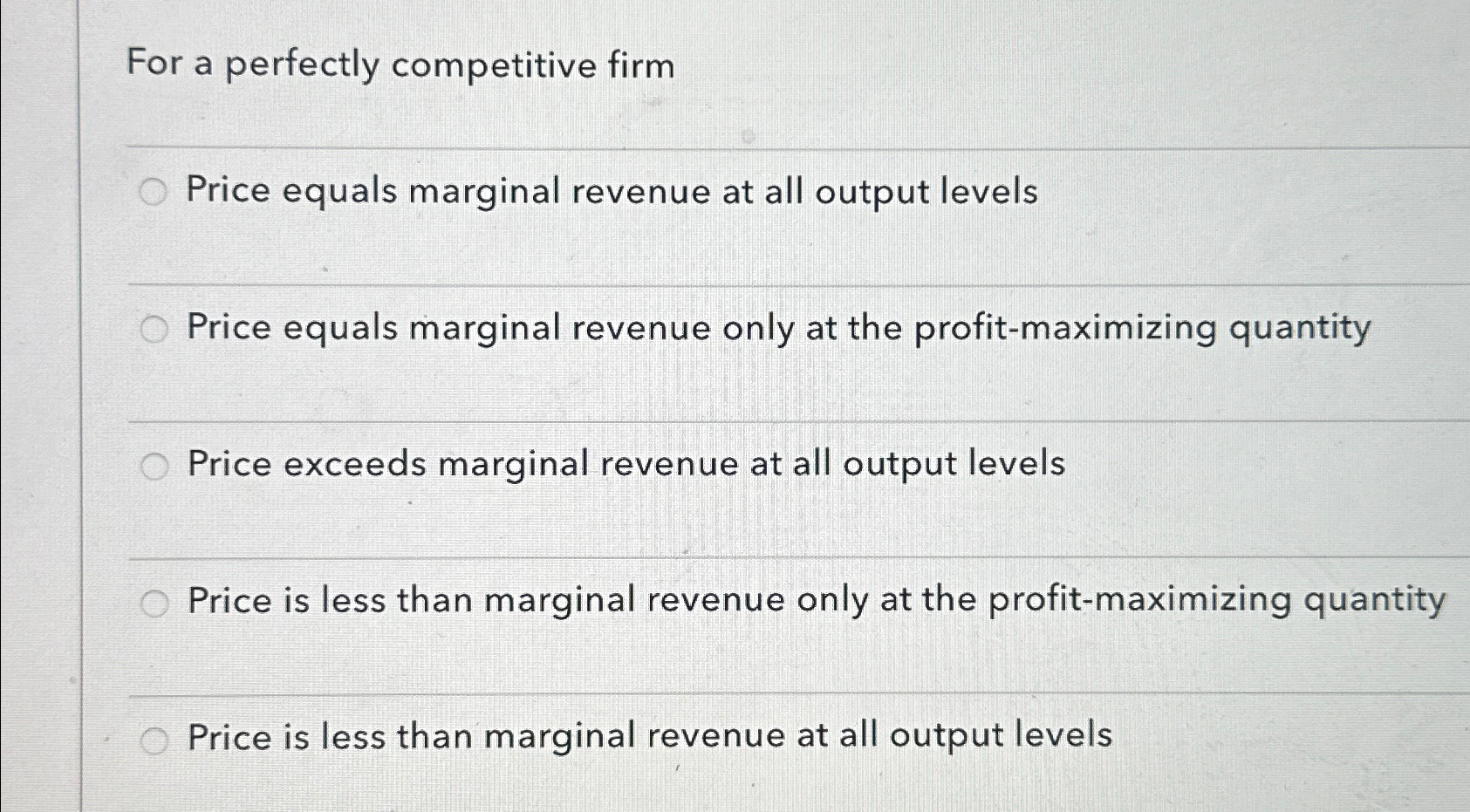 Solved For a perfectly competitive firmPrice equals marginal | Chegg.com