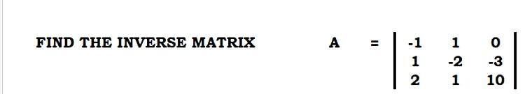 Solved FIND THE INVERSE MATRIX A 1 -1 1 2 -2 0 -3 10 1 | Chegg.com