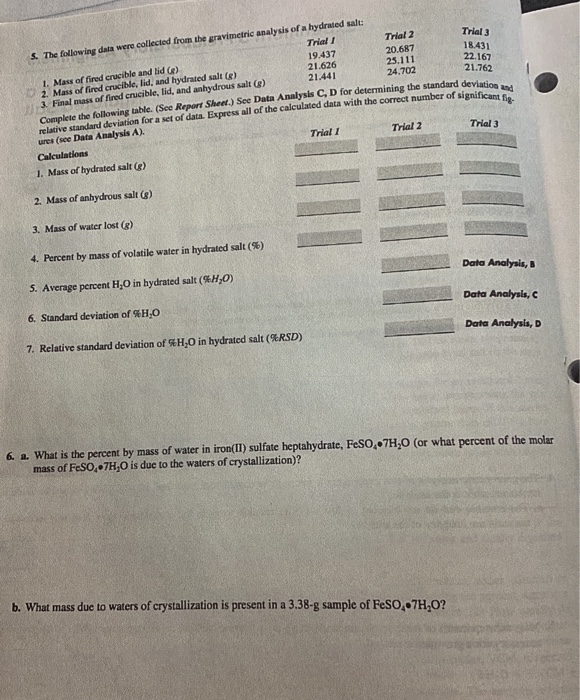 Solved Experiment 5 Percent Water in a Hydrated Salt Michael | Chegg.com