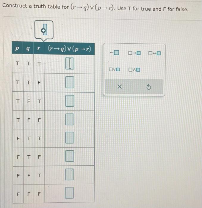 Solved 1. Construct a truth table for (r ️ q) V (p ️r). Use | Chegg.com