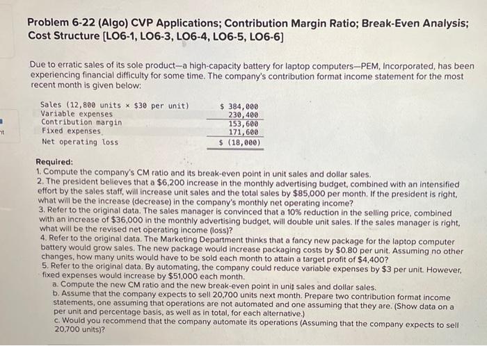 Solved Problem 6-22 (Algo) CVP Applications; Contribution | Chegg.com