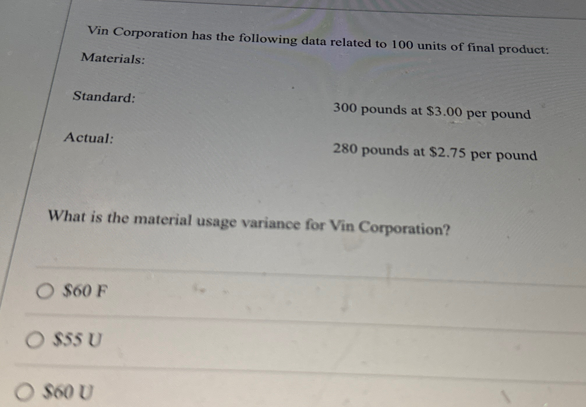 Solved Vin Corporation has the following data related to 100 | Chegg.com