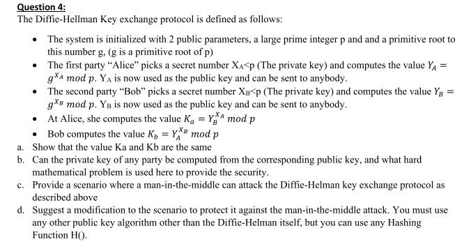 Solved Question 4: The Diffie-Hellman Key exchange protocol | Chegg.com