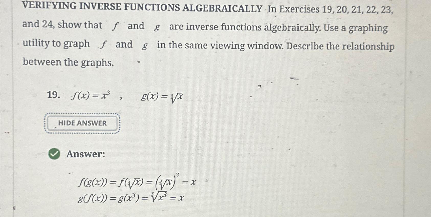 Solved VERIFYING INVERSE FUNCTIONS ALGEBRAICALLY In | Chegg.com