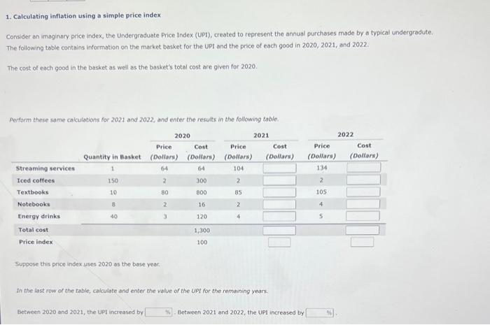 Solved 1. Calculating inflation using a simple price index | Chegg.com