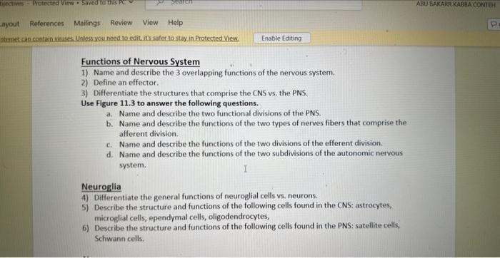 Solved Functions of Nervous System 1) Name and describe the | Chegg.com