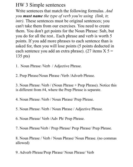 HW 3 Simple sentences Write sentences that match the | Chegg.com