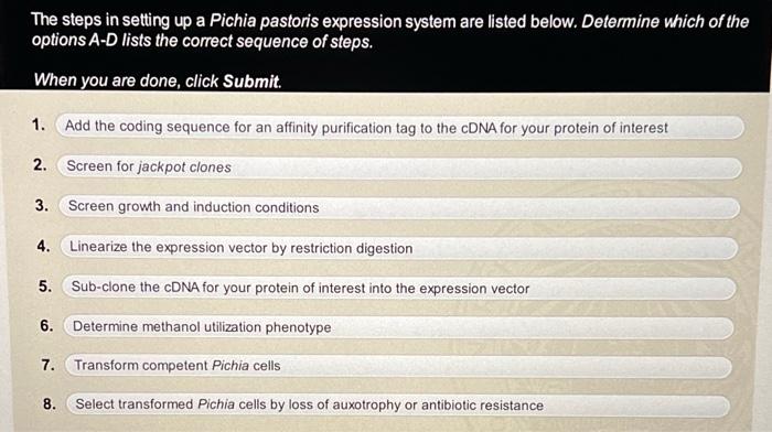 Solved The steps in setting up a Pichia pastoris expression | Chegg.com