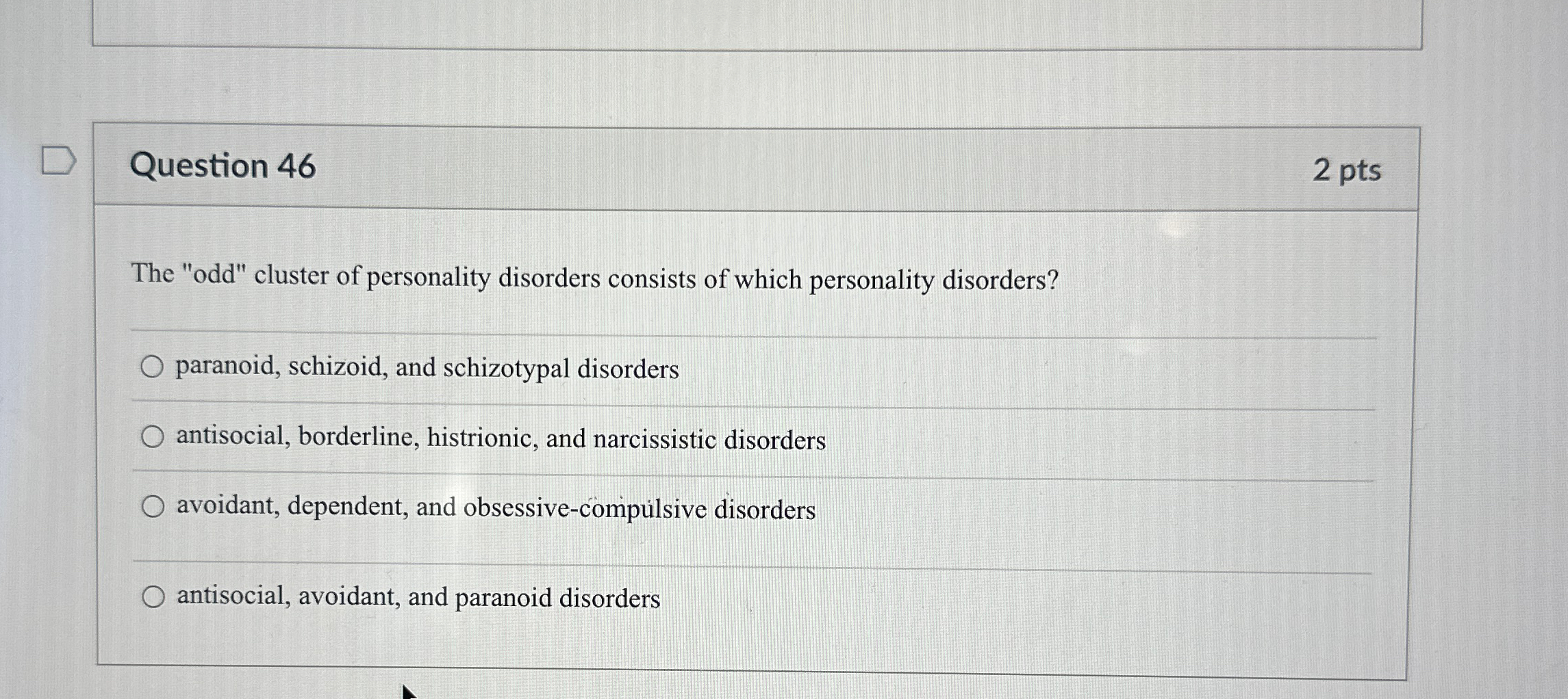 Solved Question 462 ﻿ptsThe "odd" cluster of personality | Chegg.com