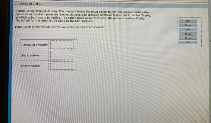 Solved Question 2 of 10 A drum is operating at 40 psig. The | Chegg.com