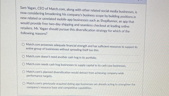 Solved Sam Yagan, CEO of Match.com, along with other related | Chegg.com