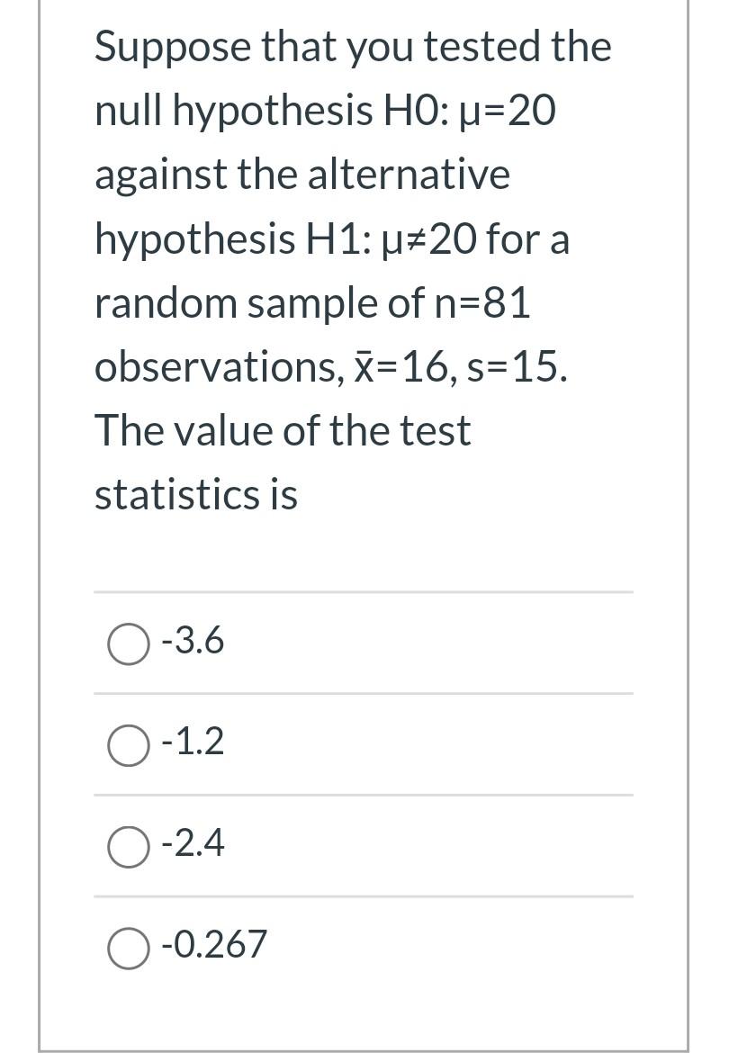Solved Suppose that you tested the null hypothesis HO: u=20 | Chegg.com