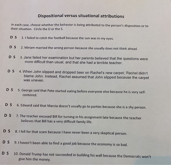 Solved Dispositional versus situational attributions In each | Chegg.com