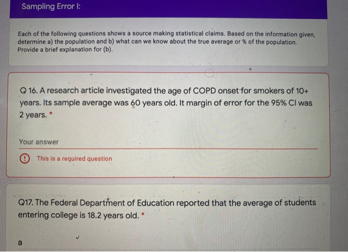 Solved Sampling Error : Each of the following questions | Chegg.com